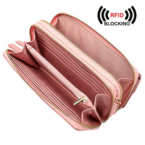 Women Crossbody Wallet RFID Blocking Cell Phone wristlet Purse with shoulder strap small cross body bag (Pink