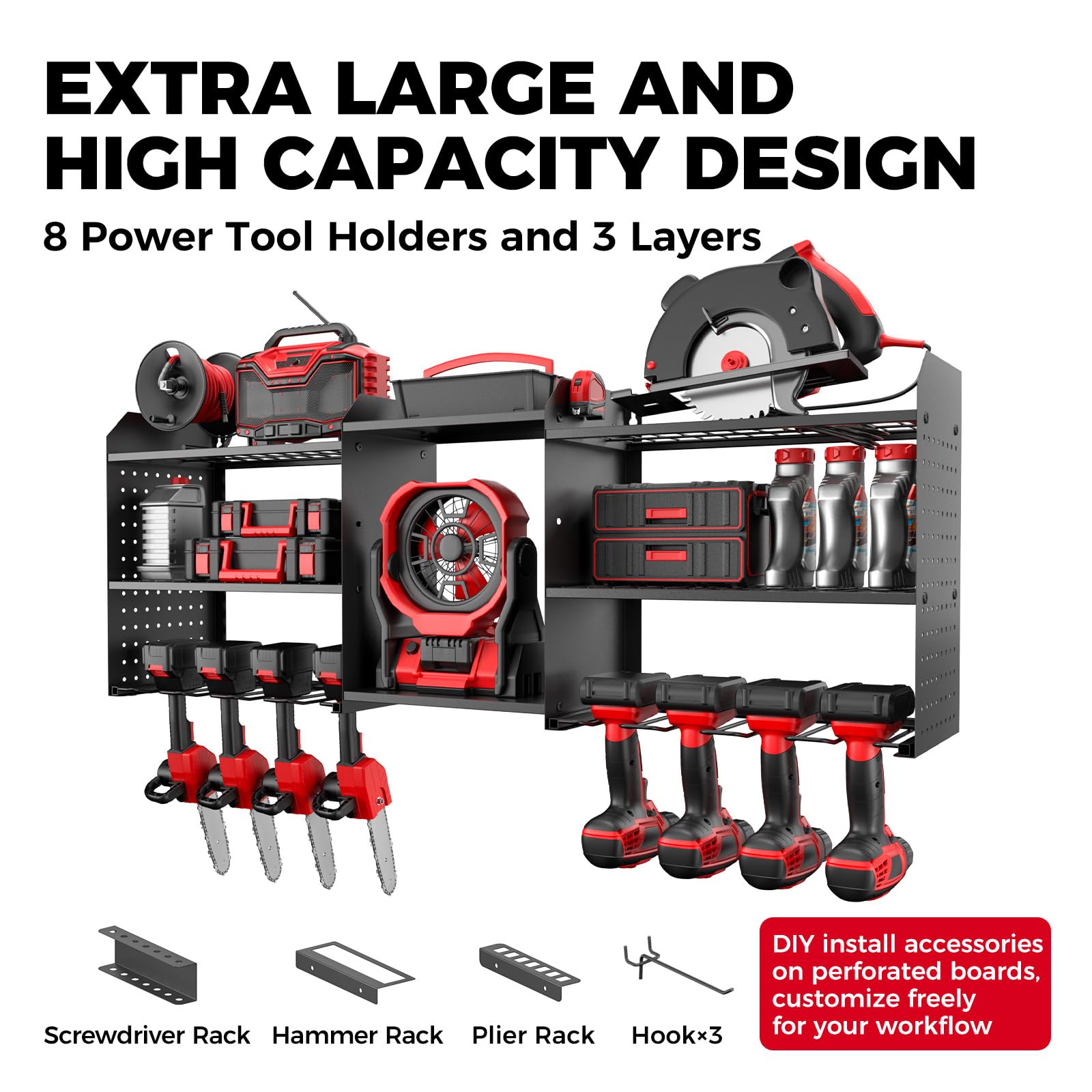 Power Tool Organizer Wall Mount, 8 Drill Tool Organizer, 3 Layer Heavy Duty Metal Tool Storage Rack and Garage Organizer with Hammer Rack/Plier Rack/Screwdriver Rack/Hooks (8 Drill Tool Organizer)