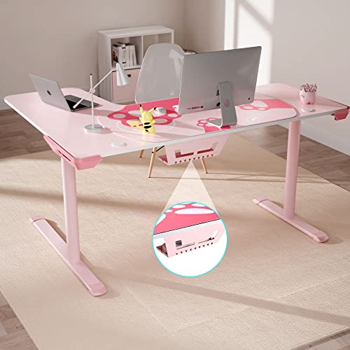 EUREKA ERGONOMIC L60 Gaming Desk L Shaped, 60 Inch Large Pink Computer Table Home Office Corner Study Writing Modern Workstation w Mouse Pad Cable Management, Space Saving, Gift for Girl Female, Right