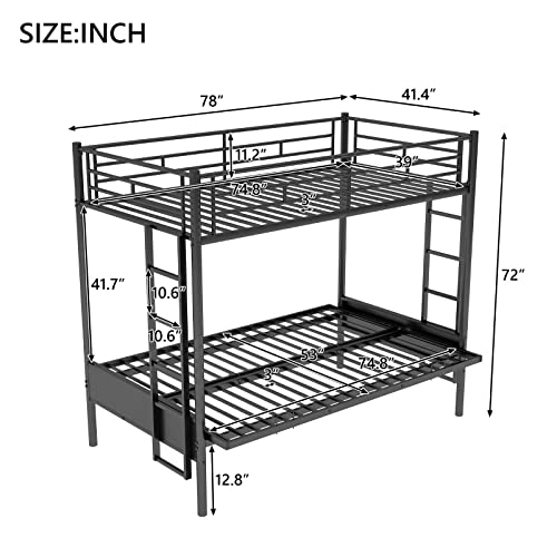 Twin Over Futon/Full Bunk Bed Convertible Metal Bunk Beds Couch and Bed for Kids Boys Girl Adults Teens Dorm, Black
