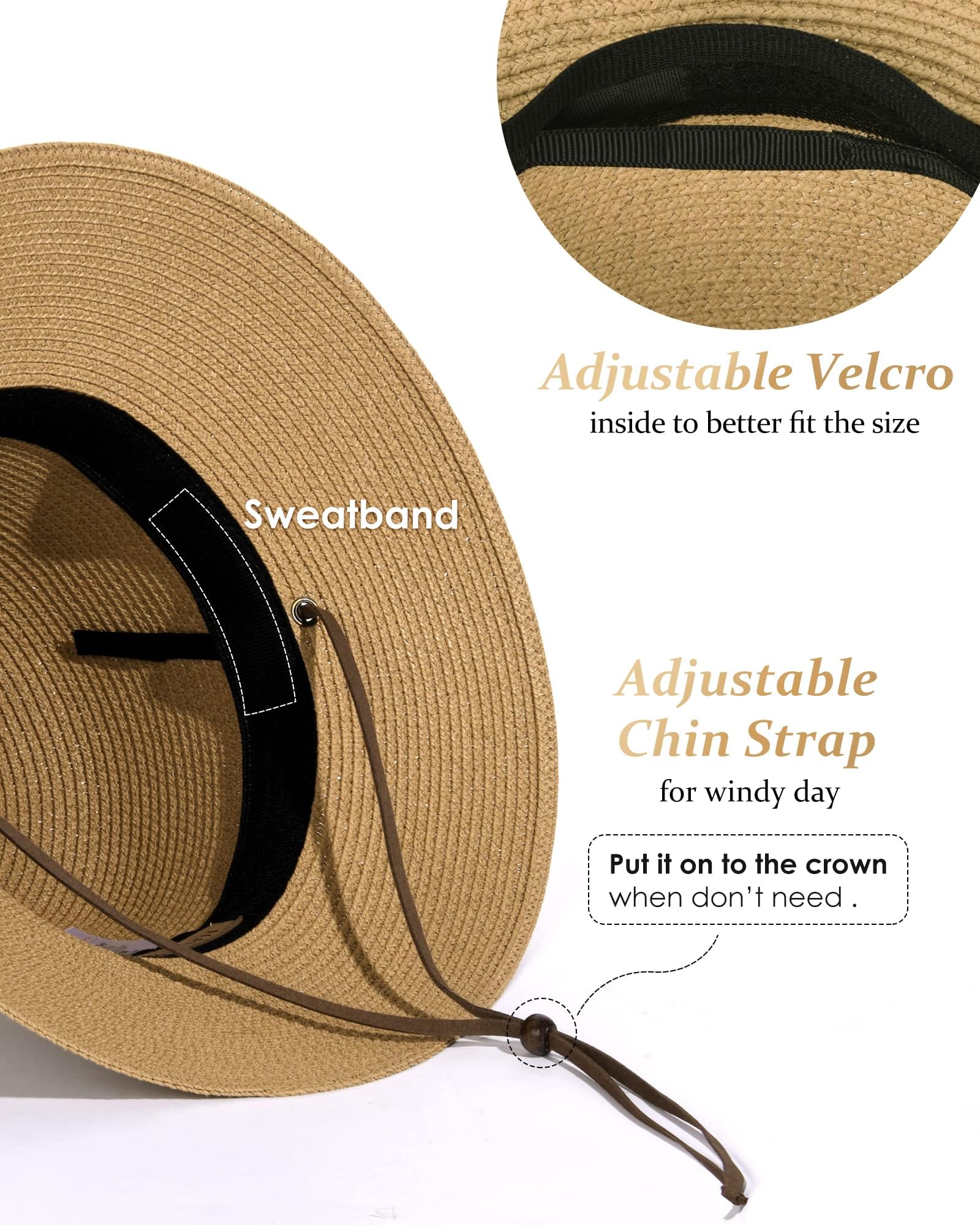 FURTALK Womens Wide Brim Sun Hat with Wind Lanyard UPF Summer Straw Sun Hats for Women A-Khaki