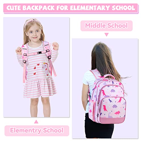 VASCHY School Backpack for Girls, 16in Water Resistant Backpack for Kids Preschool/Primary/Elementary Schoolbag Bookbag for Girls with Tablet Sleeve Pink Dino