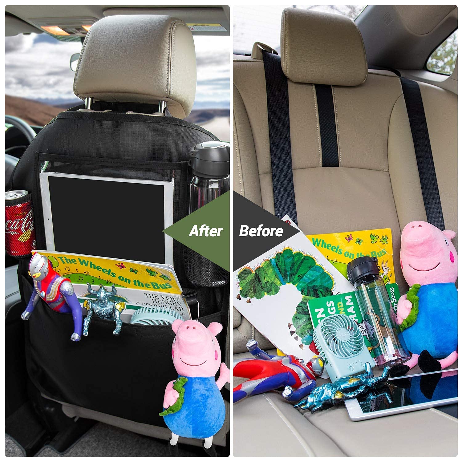 Dotala Kick Mats with Car Back seat Organizer,XL Storage Pocket - 2 Pack with Clear 11"Tablet Holder - Premium XL Protector for Kids Toy Bottle Drink Vehicles Travel (black)