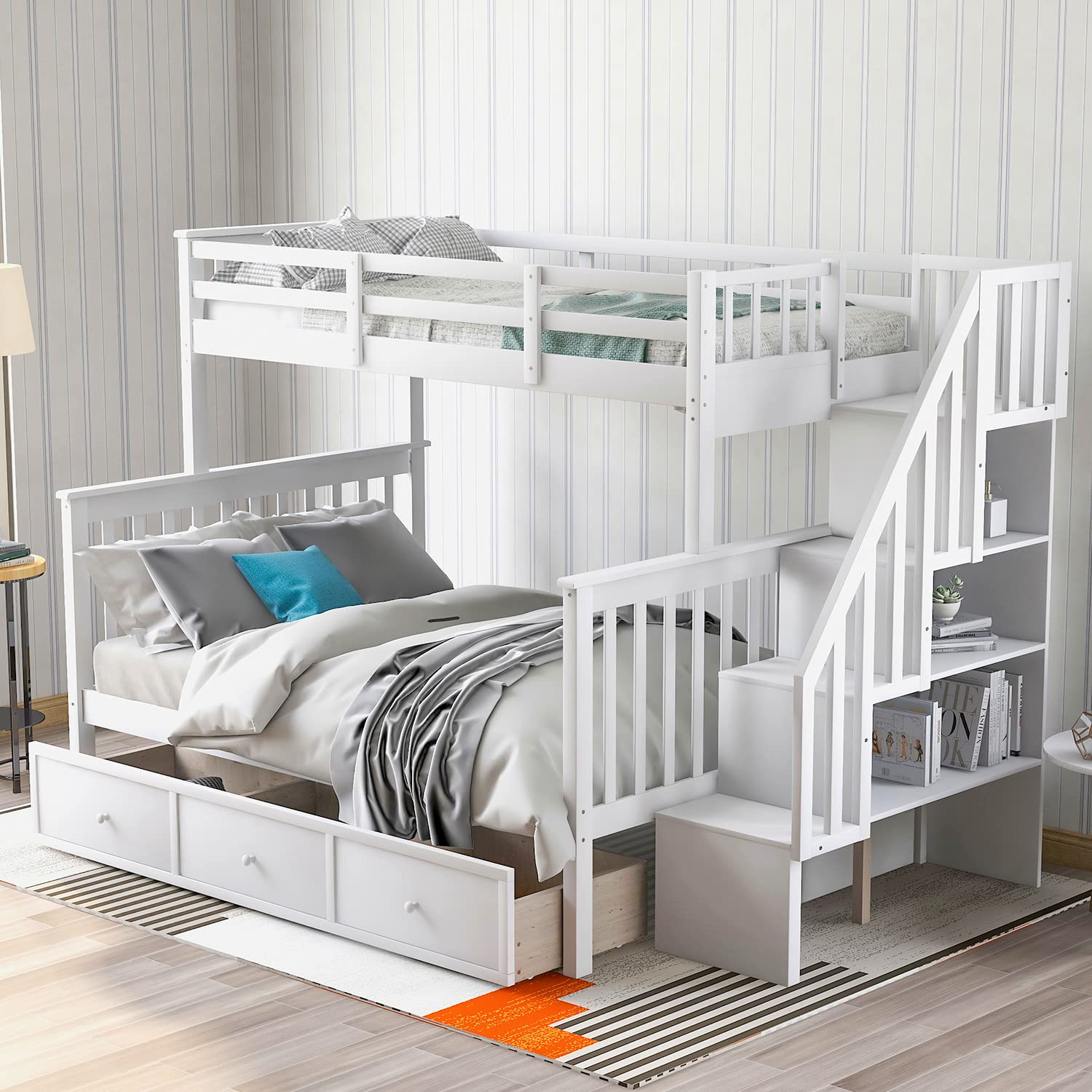 Twin Over Full Bunk Bed, Wood Twin Over Full Bunk Bed Frame with Storage Drawers and Shelves, Twin Over Full Size Bunk Bed Frame with Guardrails and Stairs for Kids Boys Girls Teens Adults, White