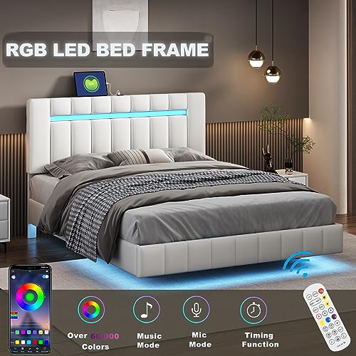 Merax Floating LED Platform Bed, Queen Size Upholstered Wood Bed Frame with LED Lights and USB Charging, Wood Slat Support, No Box Spring Needed, Easy Assembly, White/PU
