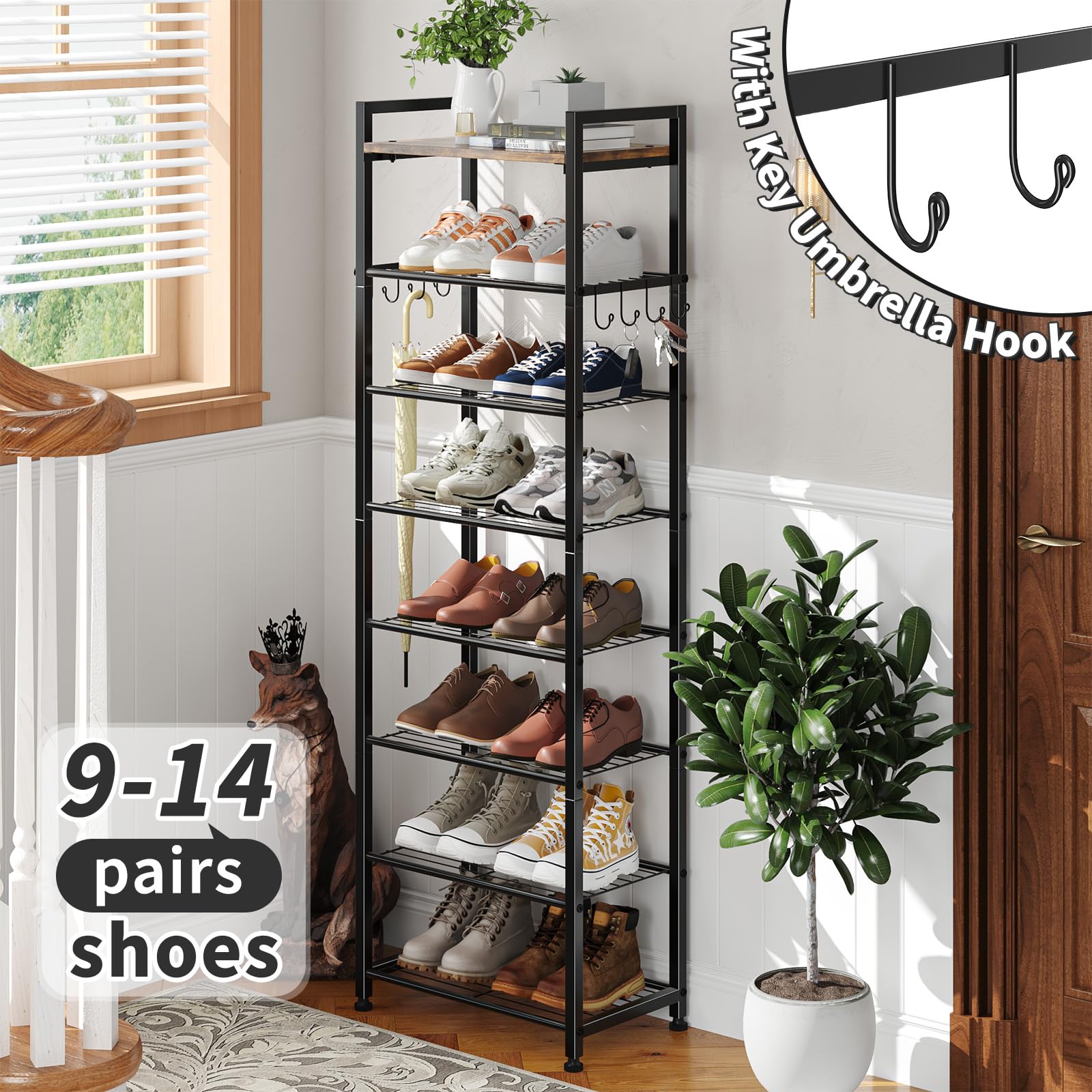 Simple Trending 8 Tiers Shoe Rack 16 Pairs Tall Wooden Plank Shoe Shelf with Hooks for Closet Entryway Organizer Sturdy Free Standing Shoe Storage Cabinet,Black