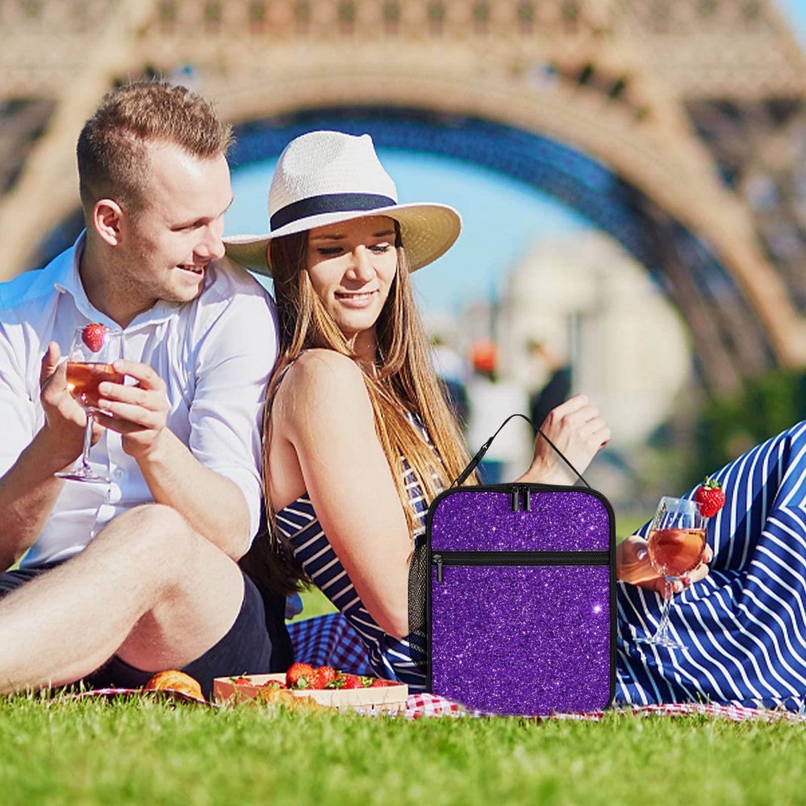 Insulated Lunch Bag Purple Glitter School Lunch Box for 6+ Years Old Boys Girls Bling Thermal Reusable Work Lunch Cooler for Men Women Office