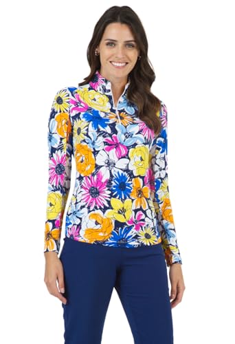 IBKUL Athleisure Wear Sun Protective UPF 50+ Icefil Cooling Tech Medeline Print Long Sleeve Mock Neck Top – 10260 Orange Multi Medeline L