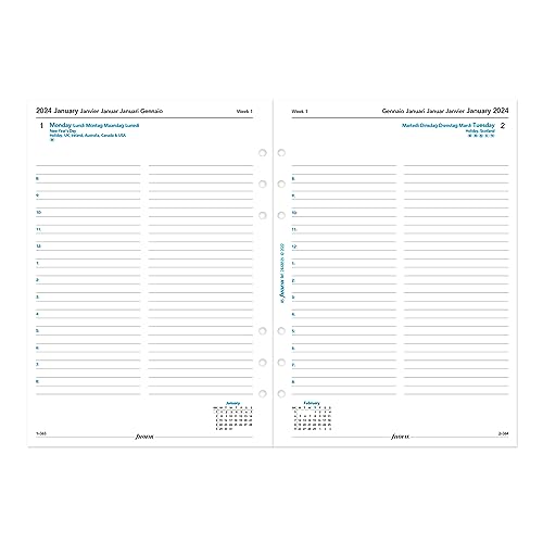 Filofax Calendar Diary Refill, A5 Size, Day on One Page with Appointments, White Paper, Multilingual: Five Languages, 2024 (C68515-24)