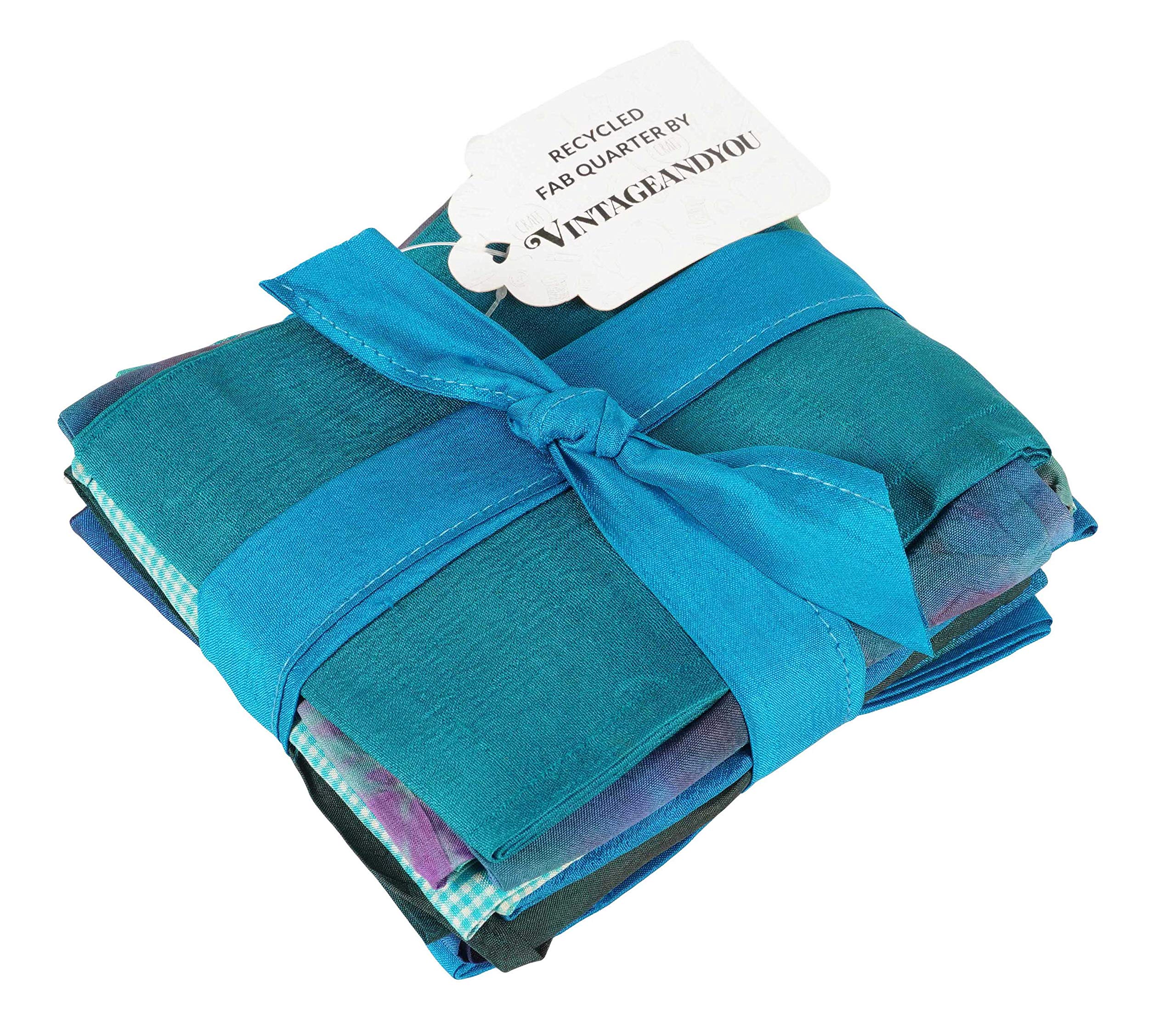 VintageandYou 12 Pieces Reclaimed Sari Silk Fat Quarter Fabric Bundle DIY Sewing Craft, 18 x 22 Inches- Sea Blue