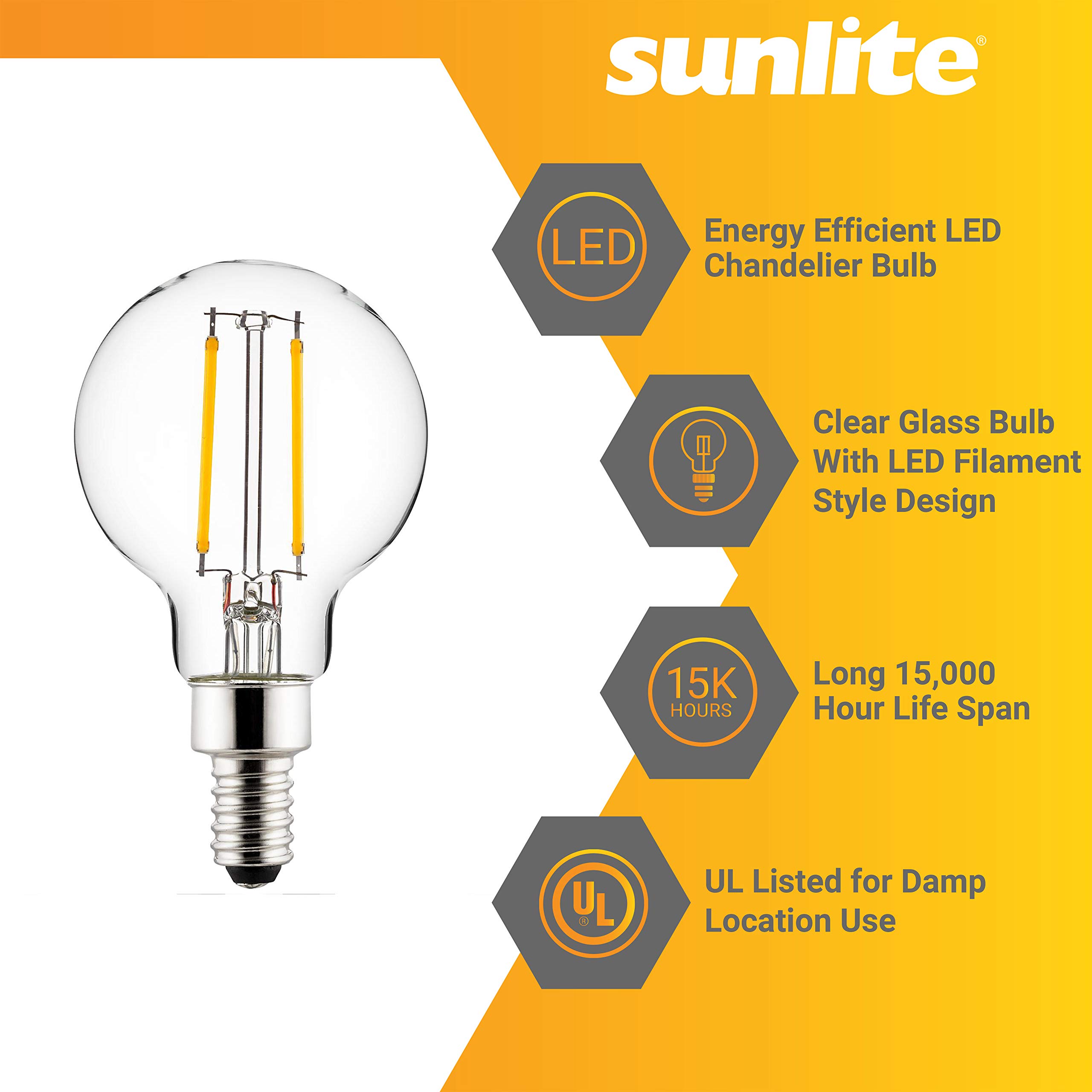 Sunlite 40959 LED G16.5 Filament Style Globe Light Bulb, 2.5 Watts (25W Equivalent), 250 lumens, Dimmable, Candelabra Base (E12), UL Listed, 3000K Warm White, 6 Count