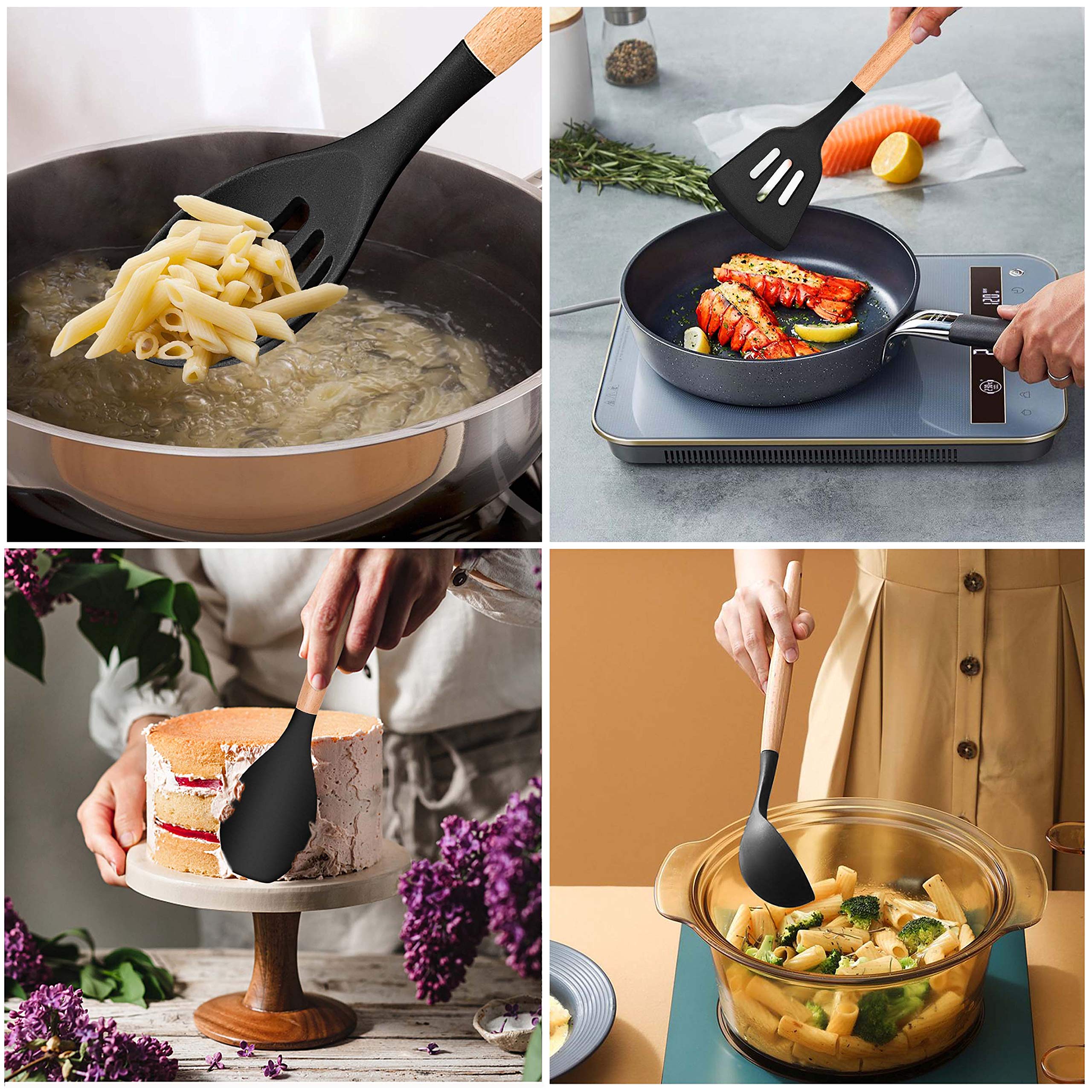 Homikit 25-Piece Kitchen Cooking Utensils Set with Holder, Silicone Spatula Spoon Ladle Turner Skimmer for Nonstick Cookware, Kitchen Tools Gadgets with Wooden Handle, Black
