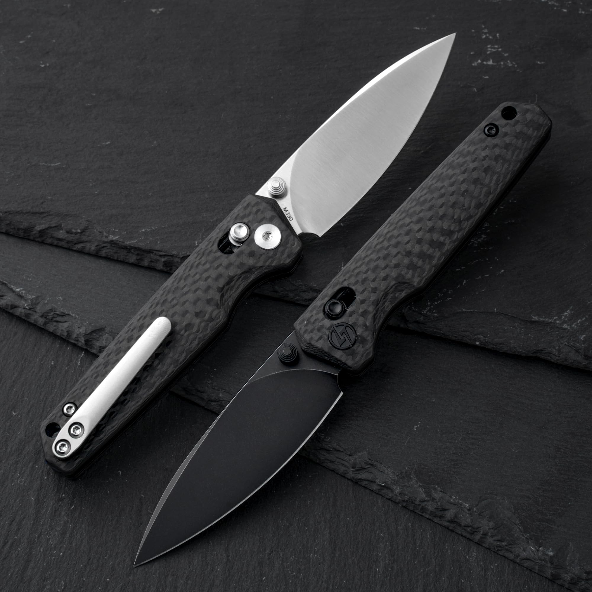 OLITANS C045 Mini Folding Knife 2.6" M390 Blade White Carbon Fiber Handle, Sharp Crossbar Lock Small Folding Knife with Deep Carry Pocket Clip For EDC（Satin）