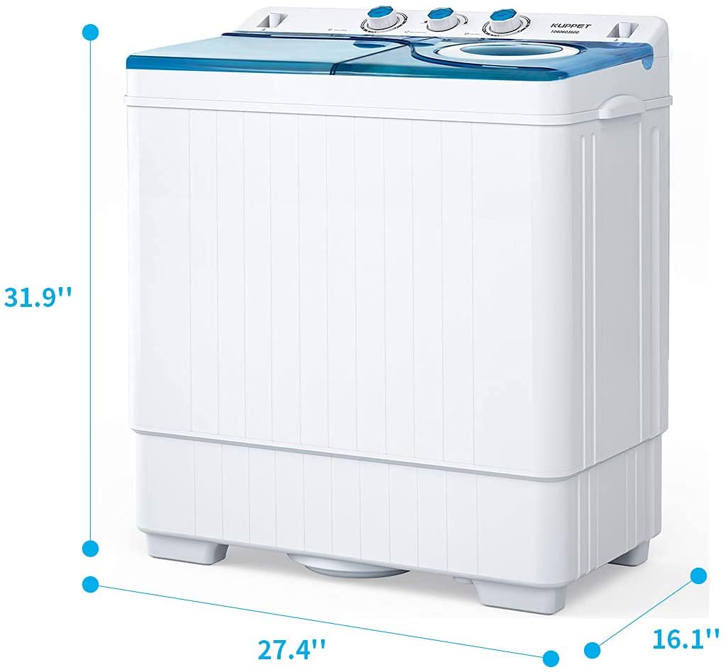 Twin Tub Portable Mini Washing Machine 26lbs Capacity, Compact Washer(18lbs)&Spiner(8lbs)/Built-in Drain Pump/Semi-Automatic (White&Blue)