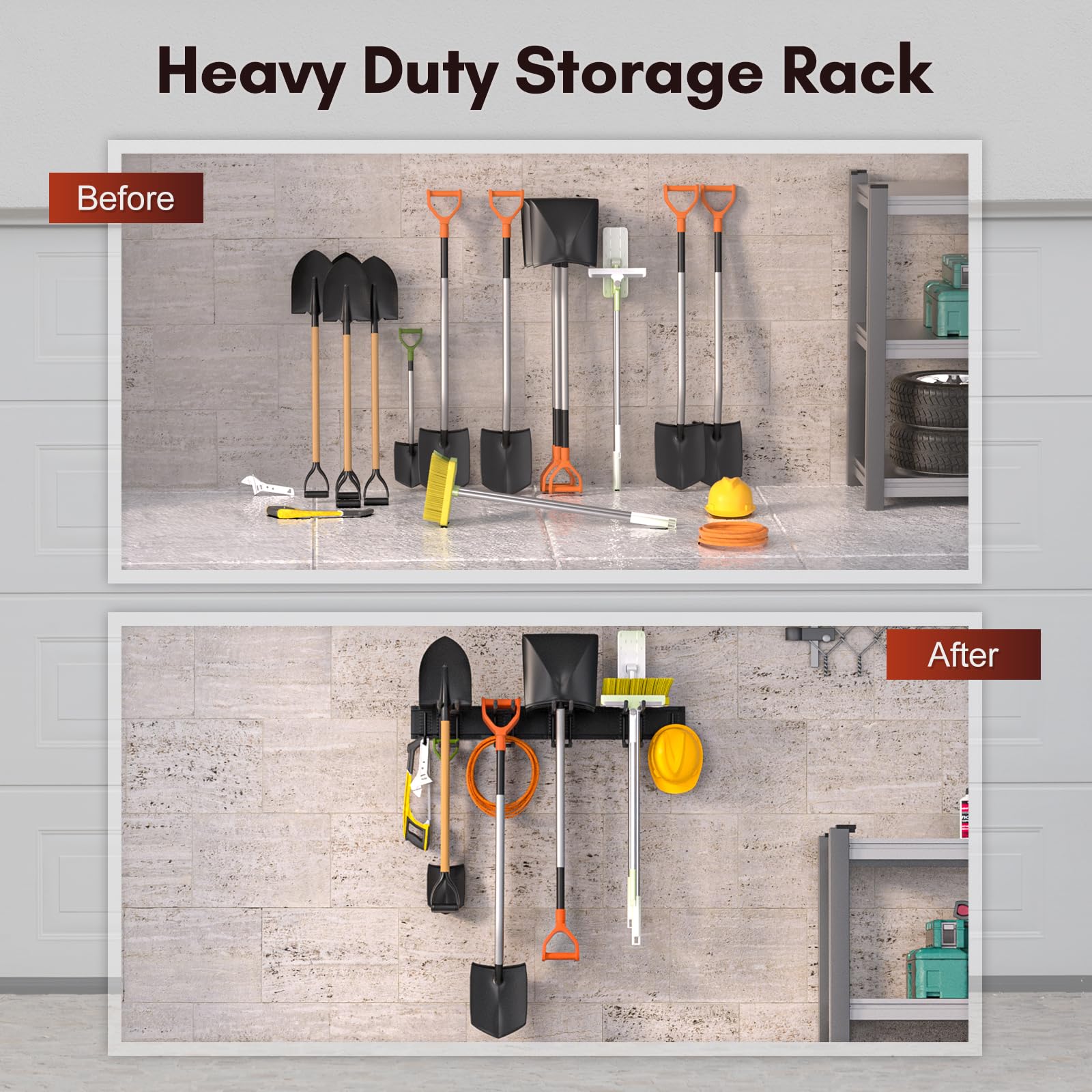 Vilaxing Garage Tool Organizer Wall Mount,Garden Tool Rack Organizer,32 Inch Study Tool Storage Rack for Garage Garden with 6 Adjustable Hooks and 2 Rails,Hold Up to 250lbs Black
