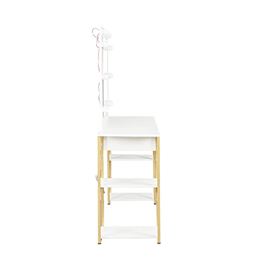 Vanity Desk Set, Makeup Vanity with Chair & Mirror & Adjustable Brightness Lights & Large Drawer, Vanity Table for Bedroom, Bathroom, Small Space (White)