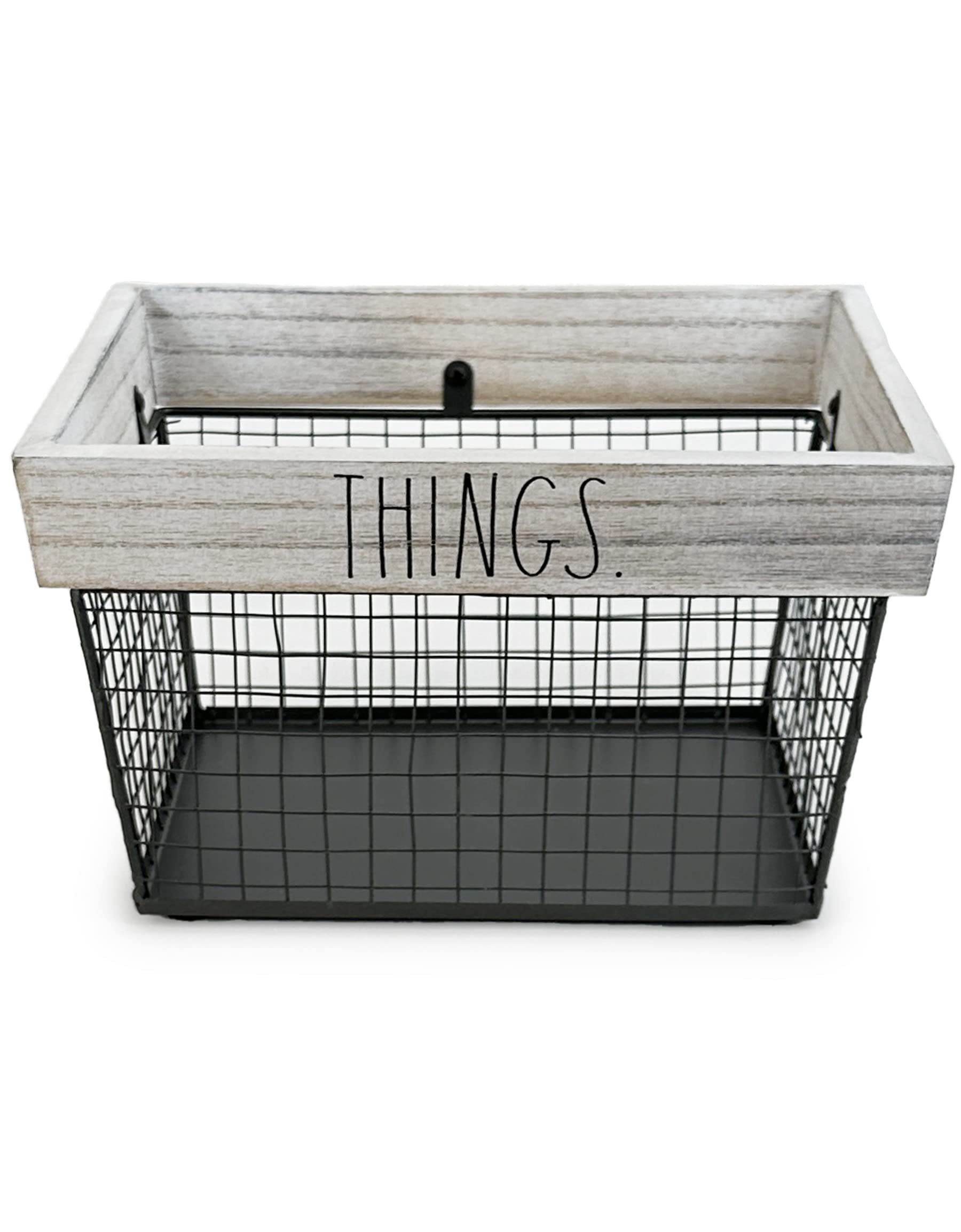 Rae Dunn Things Wire Storage Basket – Metal and Solid White Wash Wood Organizer – Decorative Storage Bin – Home & Office Organizers for Desk, Bedroom, Living Room, Closet and More