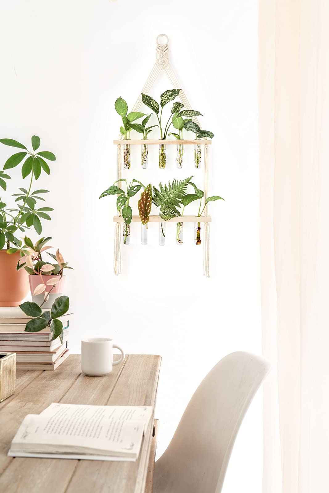Mkono Wall Hanging Glass Planter with Macrame Hanger, Boho 2 Tier Propagation Tube Vase Plant Terrarium with Wooden Stand for Propagating Hydroponic Plants, Home Office Room Decor Women Gift Idea