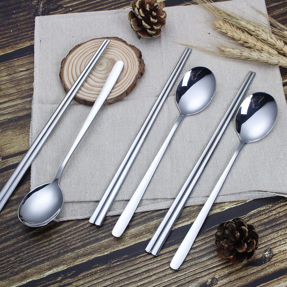 JUCOXO Stainless Steel Chopsticks and Spoons Set of 3, Korean Spoons and Chopsticks Set, Reusable Metal Long Handle chopsticks Spoon Set