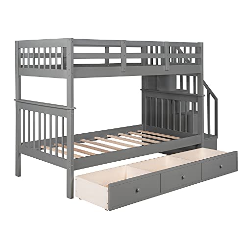 MERITLINE Twin Bunk Bed with Storage Drawer, Wood Twin Over Twin Bunk Beds with Stairs, Low Bunk Beds Frame for Teens Boys Girl(Grey)