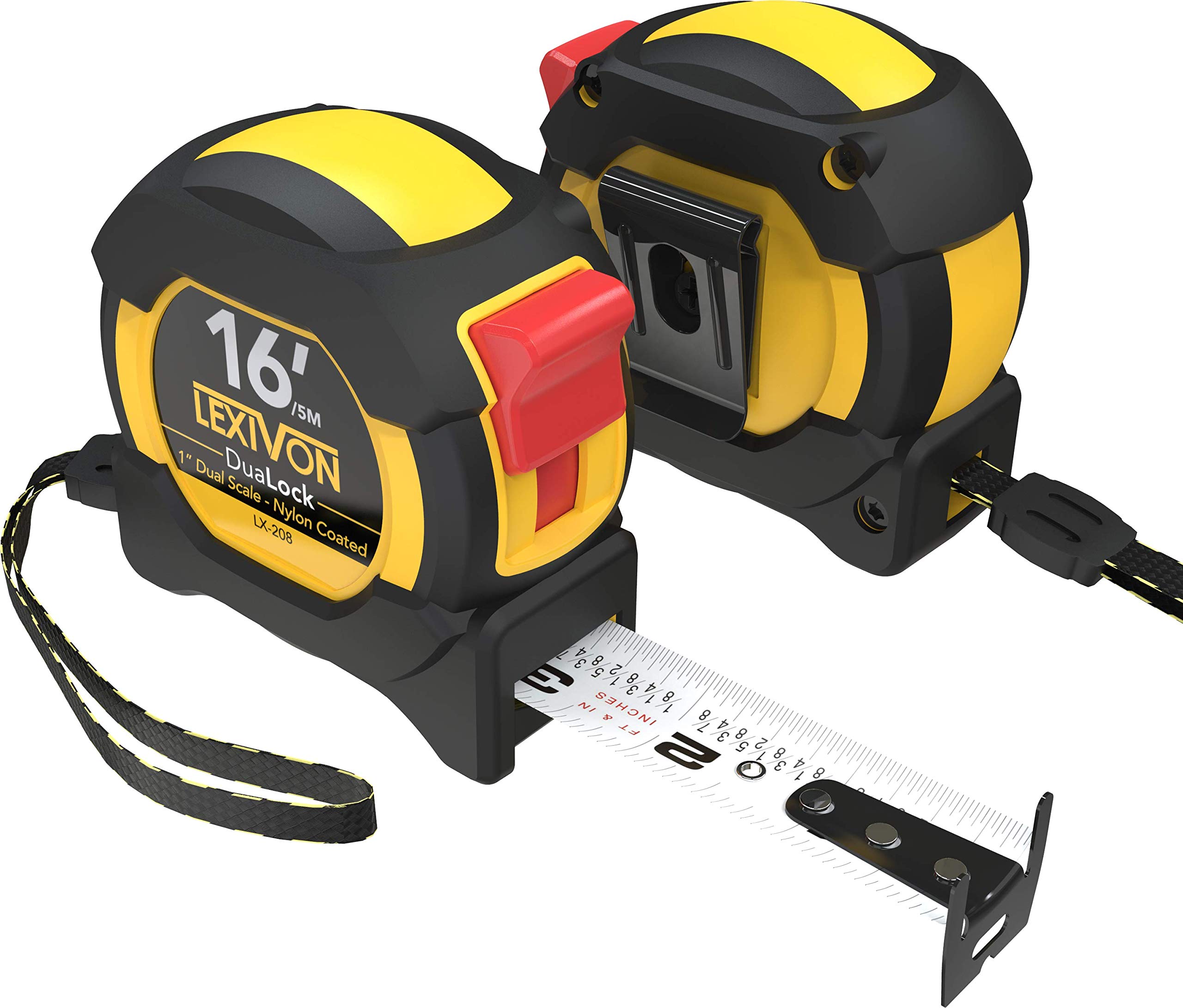 LEXIVON [2-Pack] 16Ft/5m DuaLock Tape Measure | 1-Inch Wide Blade with Nylon Coating, Matt Finish White & Yellow Dual Sided Rule Print | Ft/Inch/Fractions/Metric (LX-208)