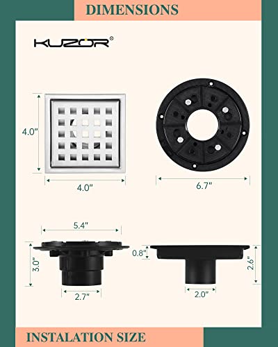 KUZOR Square Shower Drain 4 inch, Brushed Nickel 2 Pack Floor Drains for Shower with Flange and Hair Strainer, Brushed 304 Stainless Steel Quadrato Pattern Grate Removable, Fast 6.5 GPM Drainage