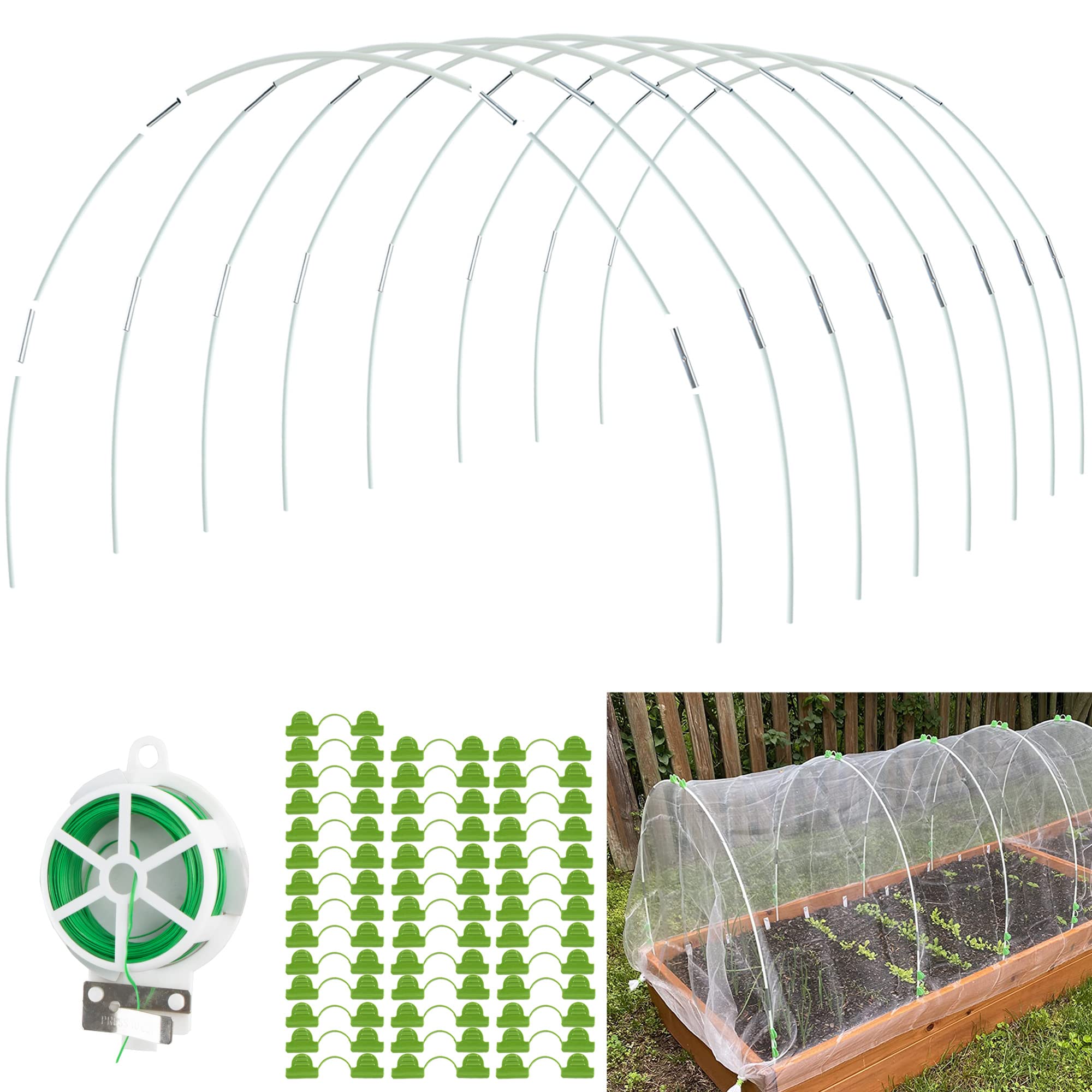 Greenhouse Hoops, CJGQ Garden Hoops for Raised Beds, Garden Grow Tunnel Up to 8 Set of 7Ft Long Rust-Free Garden Hoop for Row Cover Plant Cover, 40Pcs Plant Support Growing Frame for Netting