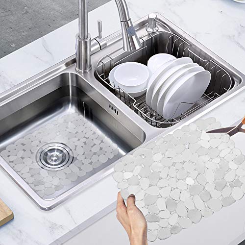 Qulable kitchen Sink Mat For stainless steel/ceramic sinks. Clear PVC Eco-friendly Sink Mat, adjustable, fast draining, pebble design, (2 pack, Clear)