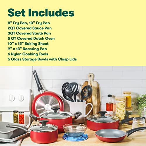 VECELO Dining Table Set with 4 Chairs, Retro Brown & Bella Nonstick Cookware Set - Aluminum Bakeware, Pots and Pans, Storage Bowls & Utensils, Compatible with All Stovetops, 21 Piece, Red