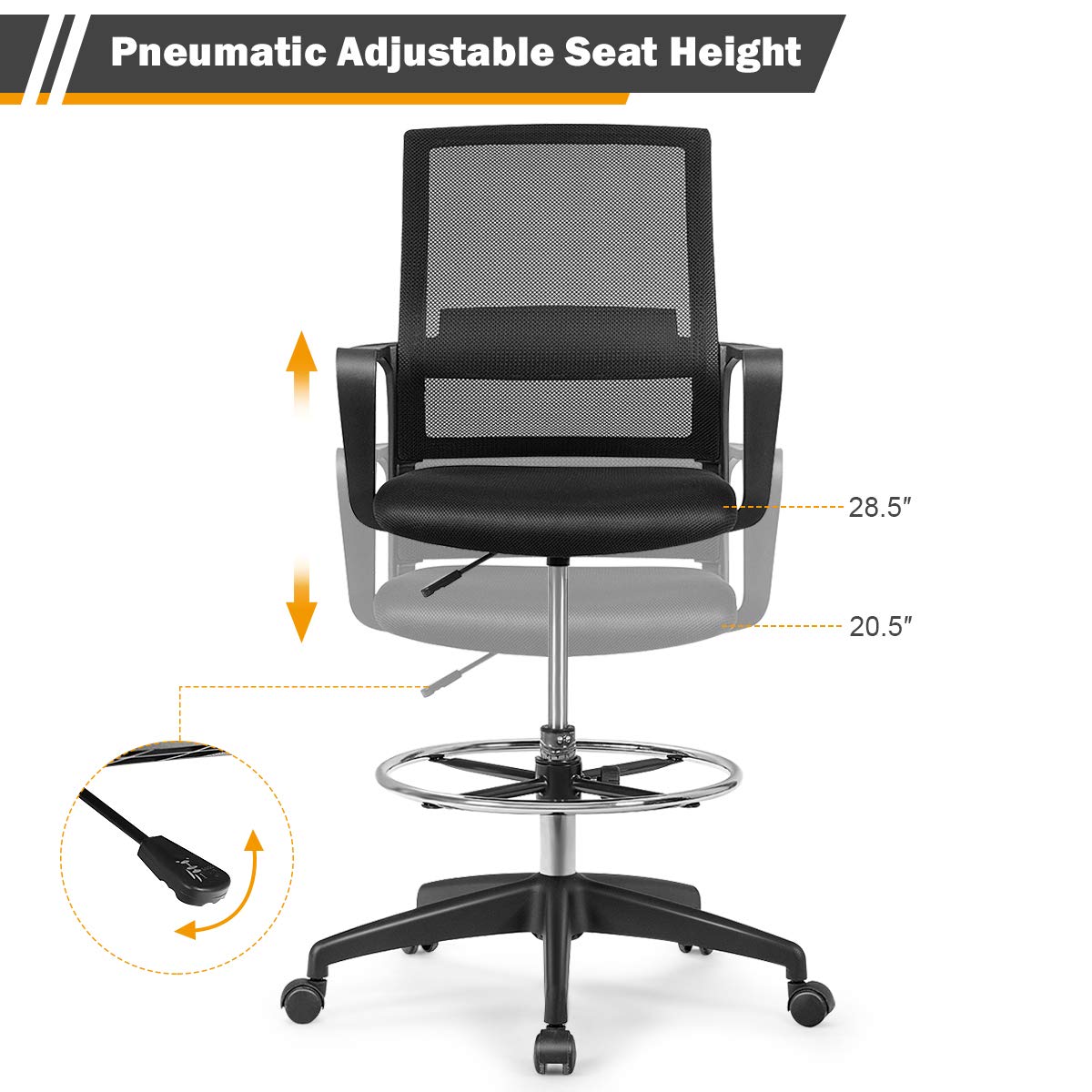 Giantex Mesh Drafting Chair, Tall Office Chair with Adjustable Foot Ring for Standing Desk, Swivel Mid Back Mesh Computer Chair w/Lumbar Support, Adjustable Height, Sturdy Home Office Furniture