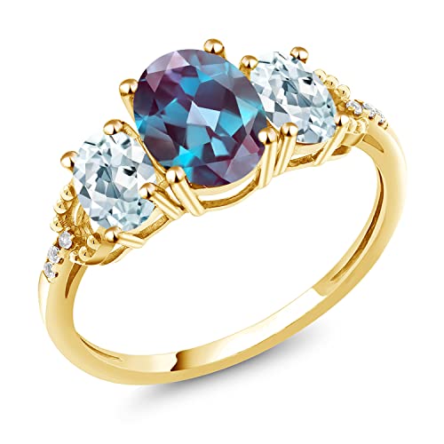 Gem Stone King 2.44 Ct Oval Purplish Created Alexandrite Sky Blue Aquamarine 10K Yellow Gold Ring (Size 6)