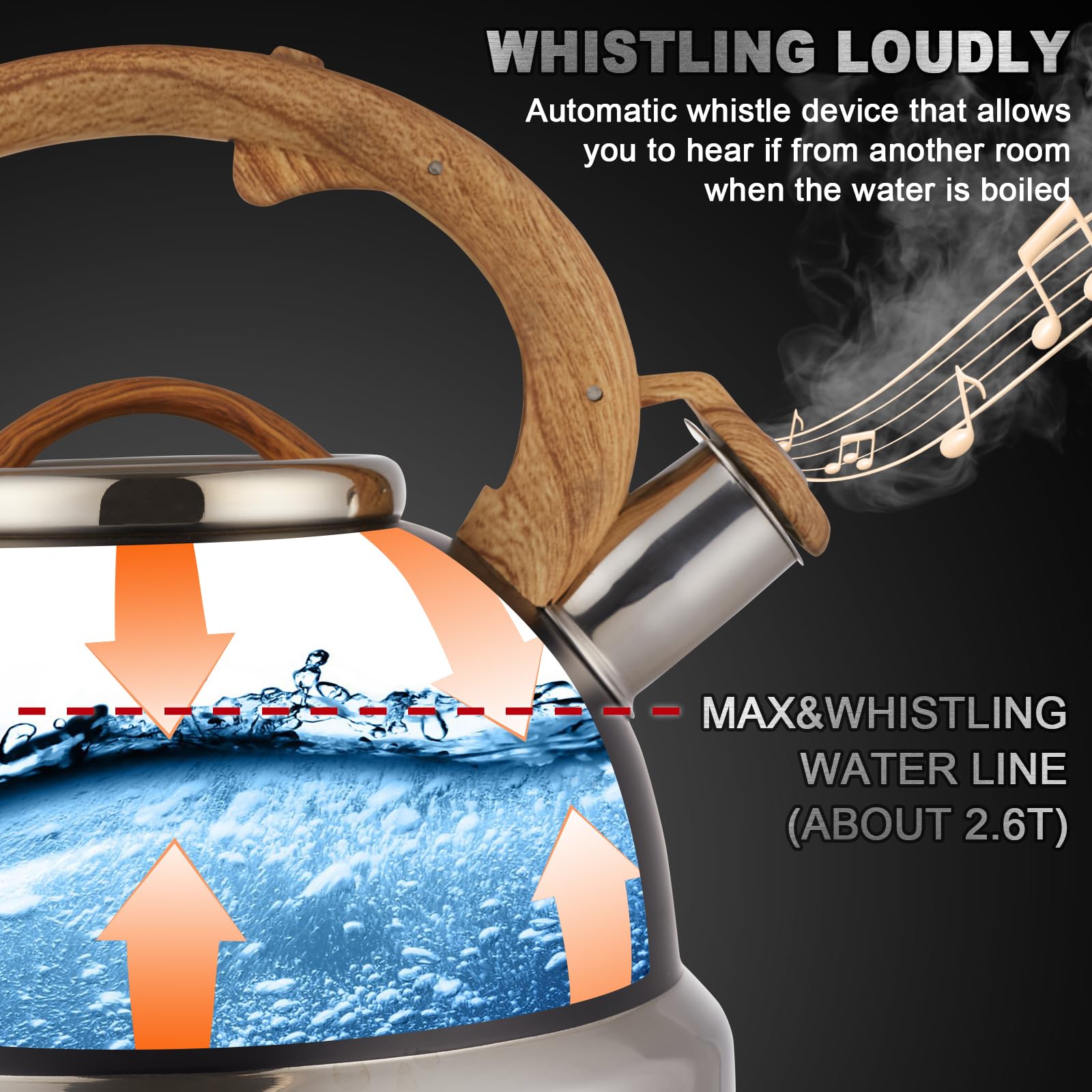 Tinlon Enamel Tea Kettle, 3.1 Quart Whistling Tea Pot for Stove Top, Food Grade 304Stainless Steel Teapot with Wood Pattern Handle for Coffee, Tea, Milk etc