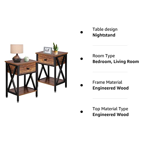 VECELO End Tables Set of 2, Modern Nightstands with Drawer& Shelf, Night Stand for Bedroom Living Room,Industrial Metal Frame, 2 Pack, Vintage Brown