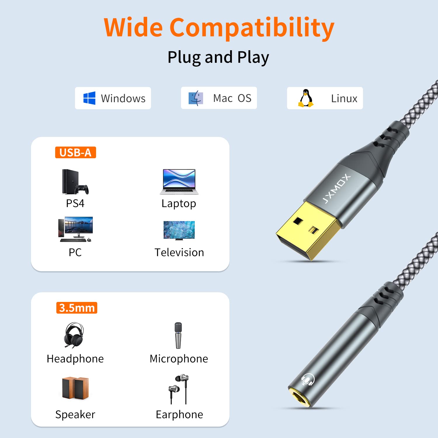 USB to 3.5mm Jack Audio Adapter,USB to Audio Jack Adapter Headset,USB-A to 3.5mm TRRS 4-Pole Female, External Stereo Sound Card for Headphone, Mac, PS4, PS5,PC, Laptop, Desktops and More [6 inch]