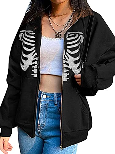 Women's Y2K Hoodie Vintage Skeleton Print Oversized Zip up Sweatshirt Pullover Sweatshirt 90S Cardigan Streetwear (Black Skeleton, Large)