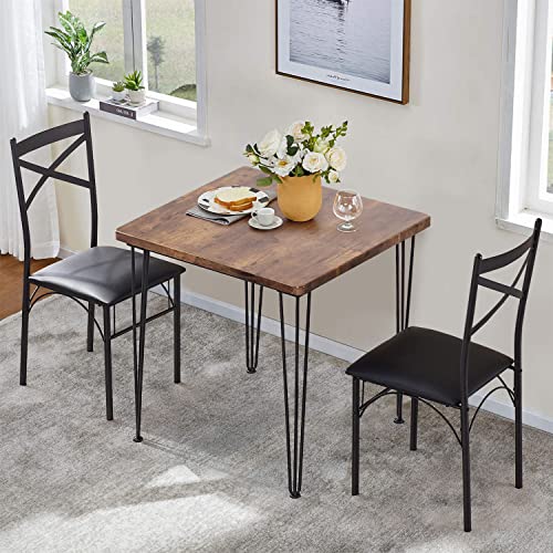 VECELO Modern Industrial Style 3-Piece Room Kitchen Pu Cushion Chair Sets for Small Space, Dining Table for 2, Retro Brown and Black