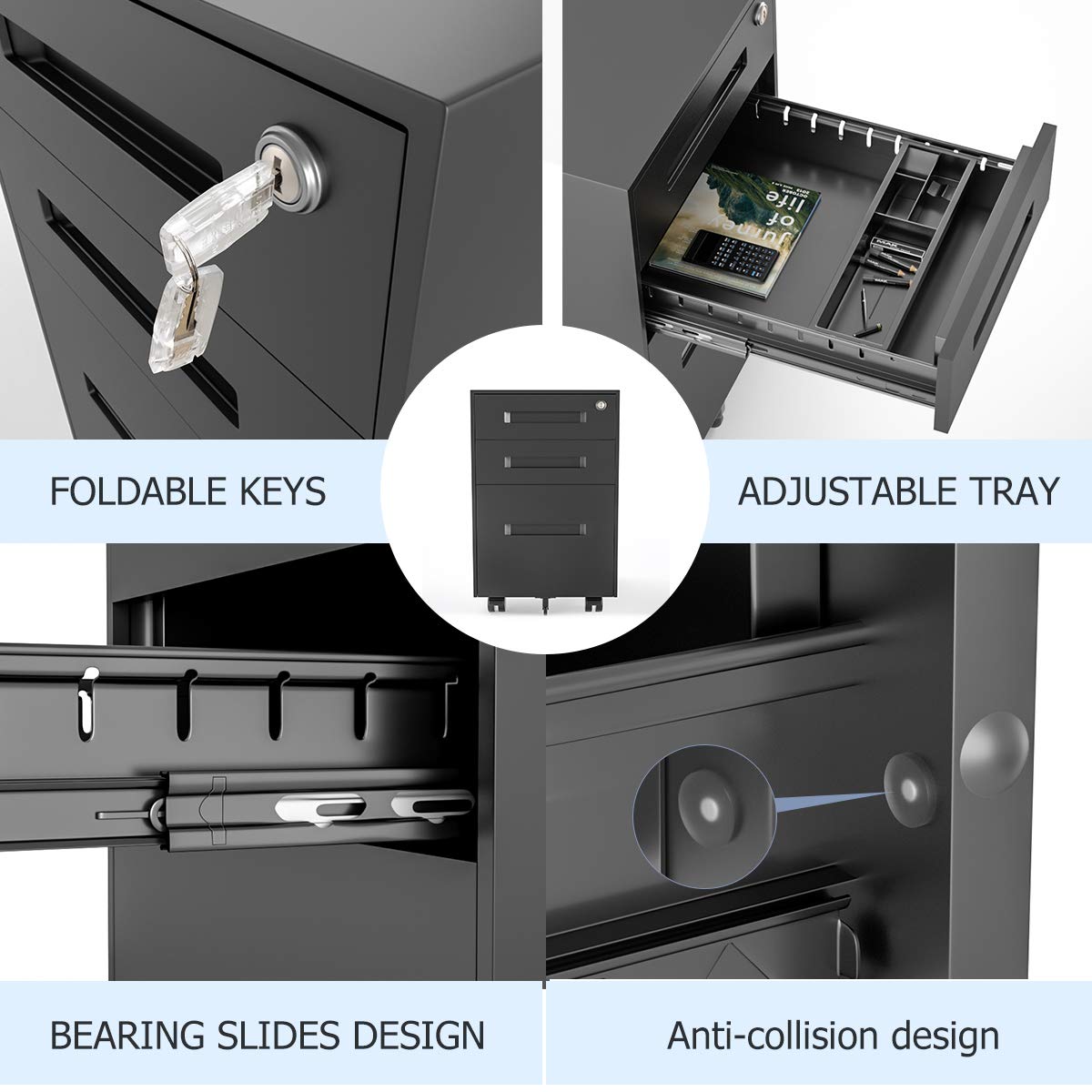FORSTEEL File Cabinet, 3 Drawers Mobile Filing Cabinet with Lock, Steel File Cabinet A4 Size, Fully Assembled with Anti-tilt Setting for Home Office (Black)