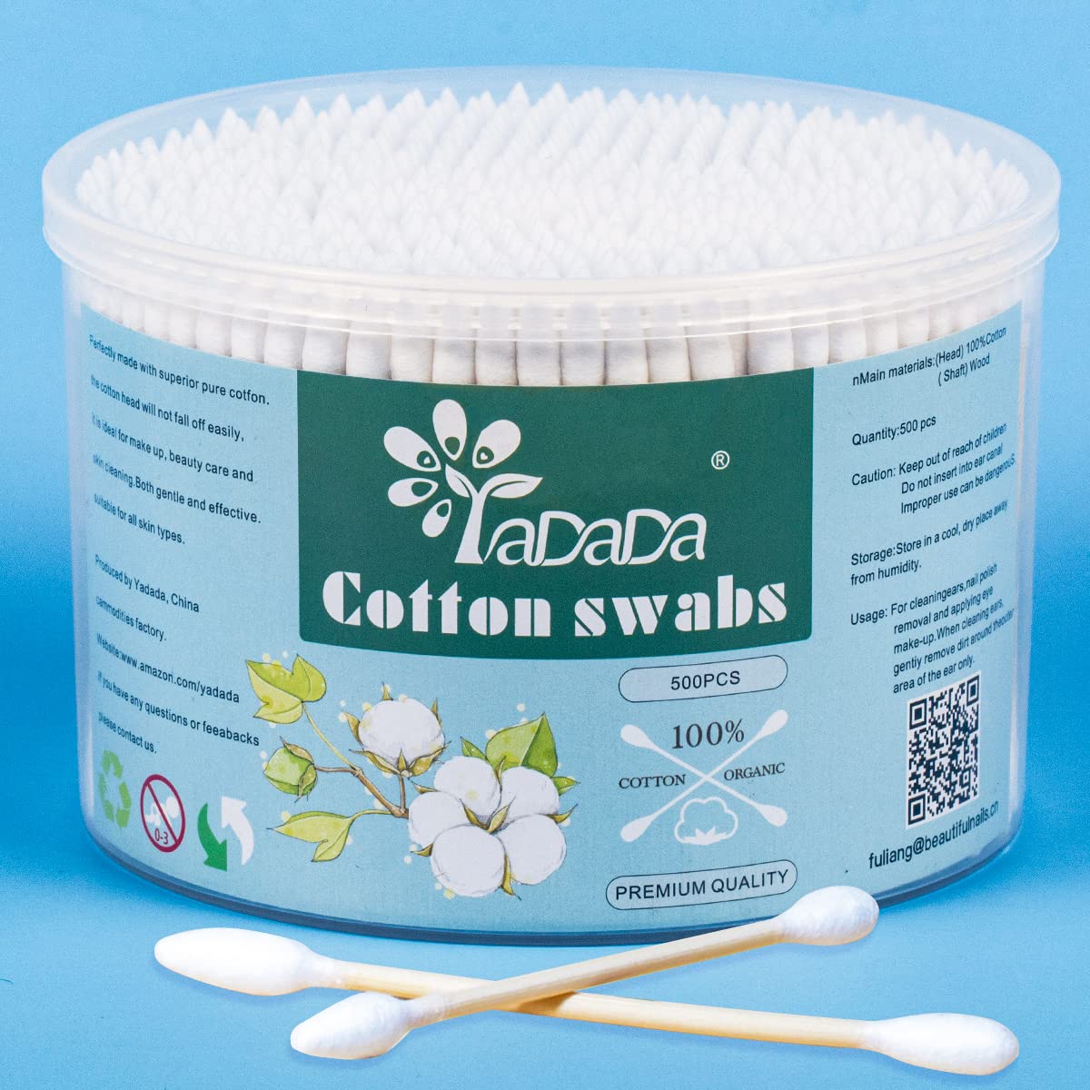 YADADA 500 Count Organic Cotton Swabs - Biodegradable Bamboo Sticks, Natural Cotton Buds with Pointed and Rounded Tips for Ear Cleaning
