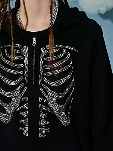 Women's Y2K Rhinestone Skull Hoodie Zip Up Oversized Casual Drawstring Hoodie E-Girl 90s Streetwear Jacket Tracksuit(G-black,S)