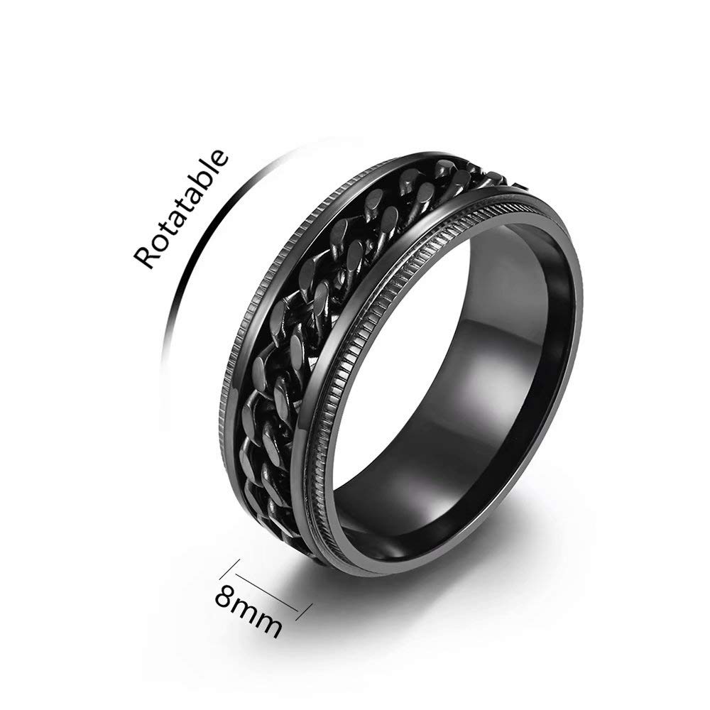 FAANCU 8mm Cuban Chain Black Spinner Ring Band Titanium Stainless Steel Fidget Ring Anxiety Ring for Men Women Size 10