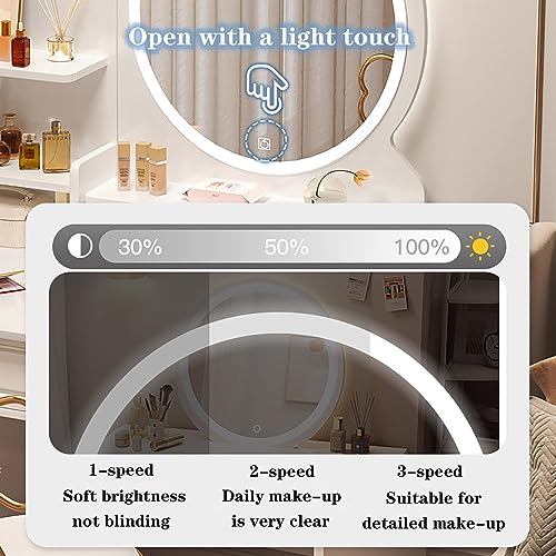 Vanity Set with Lights and Stool Makeup Vanity Desk with Mirror Dressing Table with Four Drawers Raise the Fence to Prevent Falling Exquisite Handle Smooth Pulling Three Level Brightness Adjustment (