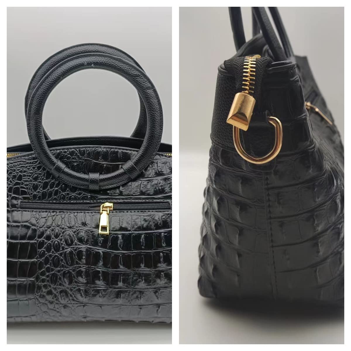 IAMUHI Womens Crocodile Satchel Handbag Vegan Leather Top Handle Tote Shoulder Cross Body Bag Purse,Black
