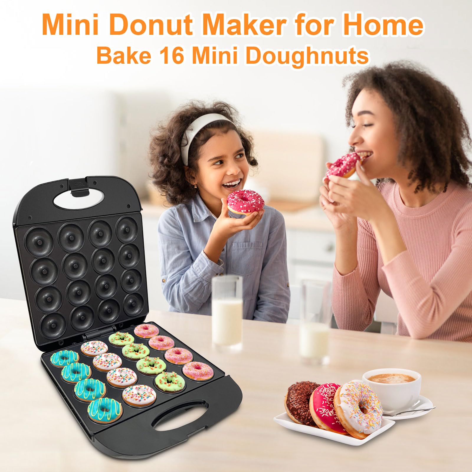 Mini Donut Maker Machine for Home, Kid-Friendly 16-Hole Electric Doughnut and Pancake Maker with Non-Stick Surface, Ideal for Homemade Doughnuts (Black with 1 Pair Mini Oven Gloves & Brush)