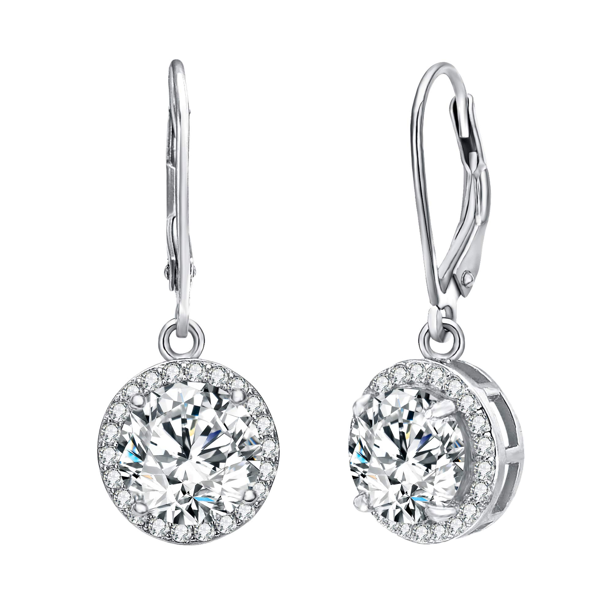 EVER FAITH 925 Sterling Silver Elegant Round CZ Prong Setting Leverback Dangle Earrings Clear