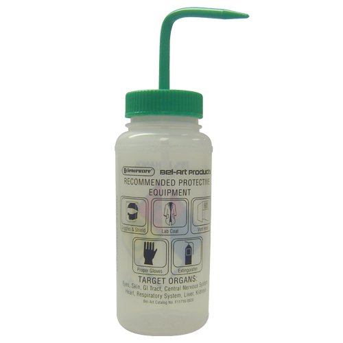 SP Bel-Art Safety-Labeled 4-Color 70% Ethanol Wide-Mouth Wash Bottles; 500ml (16oz), Polyethylene w/Green Polypropylene Cap (Pack of 4) (F11716-0020)