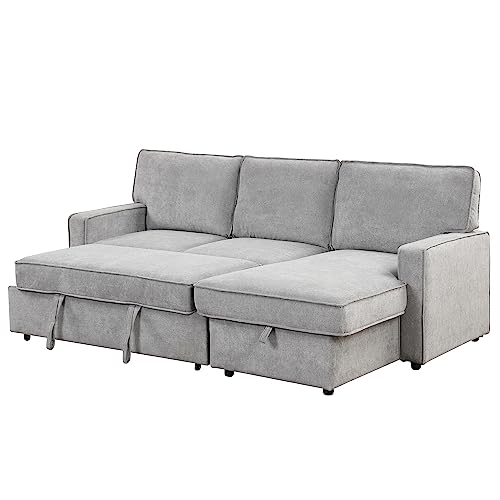 ERYE Multifunctional Sleeper Sectional Pull Bed and 2 Cupholders, Modular 3 Seaters Corner Sofa & Couch Convertible Sleep Sofabed W/Storage Chaise Port for Living Room, L-Shaped & USB, Gray