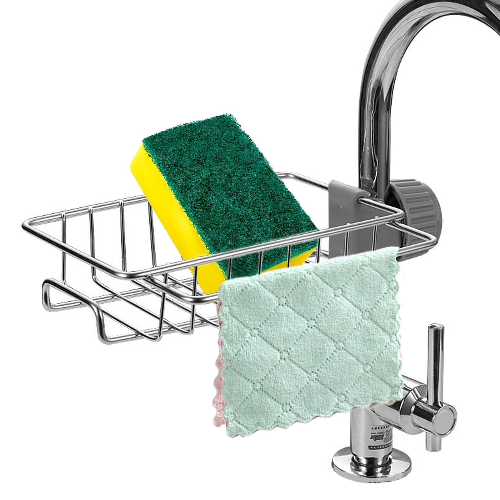 hautllaif Sponge Holder for Kitchen Sink,3-in-1 Drain Rack Storage Holder Shelf Sponge Soap Cloth Holder for Kitchen Sink Faucet,with Microfiber Sponge and Dish Towel