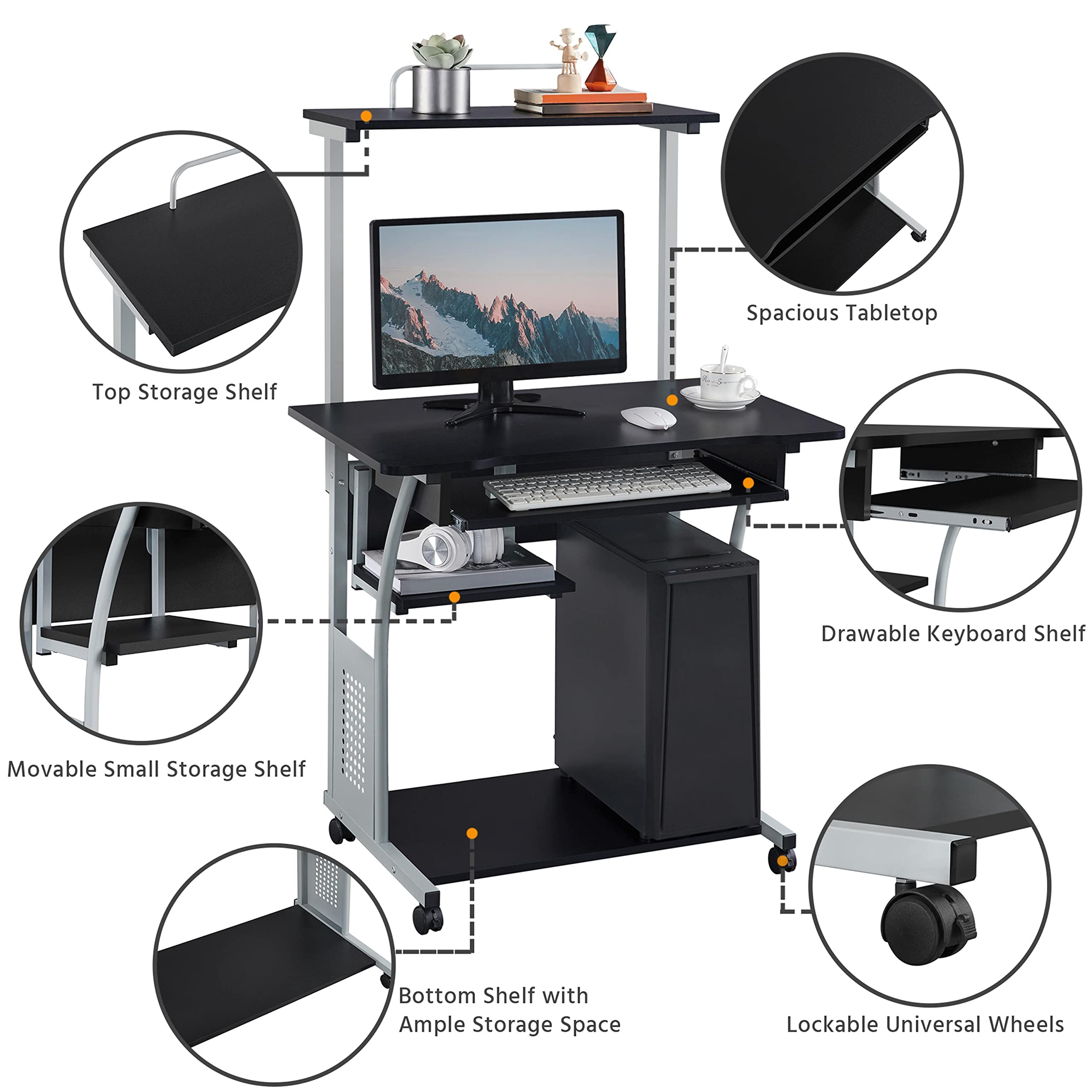 Yaheetech 3 Tiers Mobile Computer Desk with Printer Shelf & Keyboard Tray Rolling Computer Desk for Small Spaces, Compact Study Desk Workstation with Wheels, Space Saving, Black