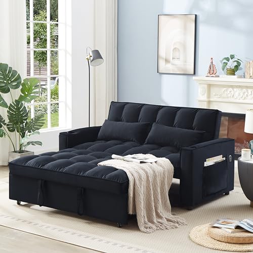 ERYE Size Futon Daybed Charging Pull Out Sleeper Couch Bed Reclining Backrest Convertible Sleep Sofabed for Home RV Apartment Office Living Room, Black Velvet Full w/2 Cupholders and USB Port