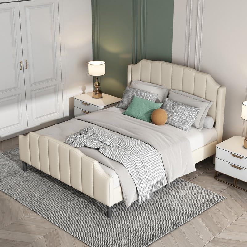 FDSPDO Queen Size Upholstered Platform Bed with Headboard and Footboard,No Box Spring Needed, Velvet Fabric,Beige